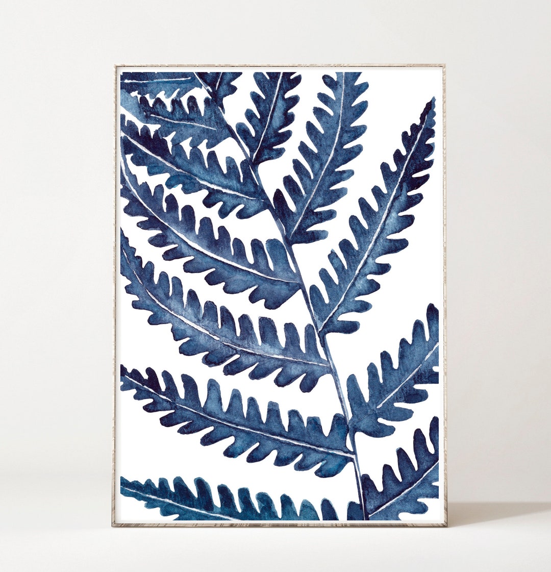 Blue Fern Print Blue Botanical Wall Art Prints Indigo Leaf Print Blue ...