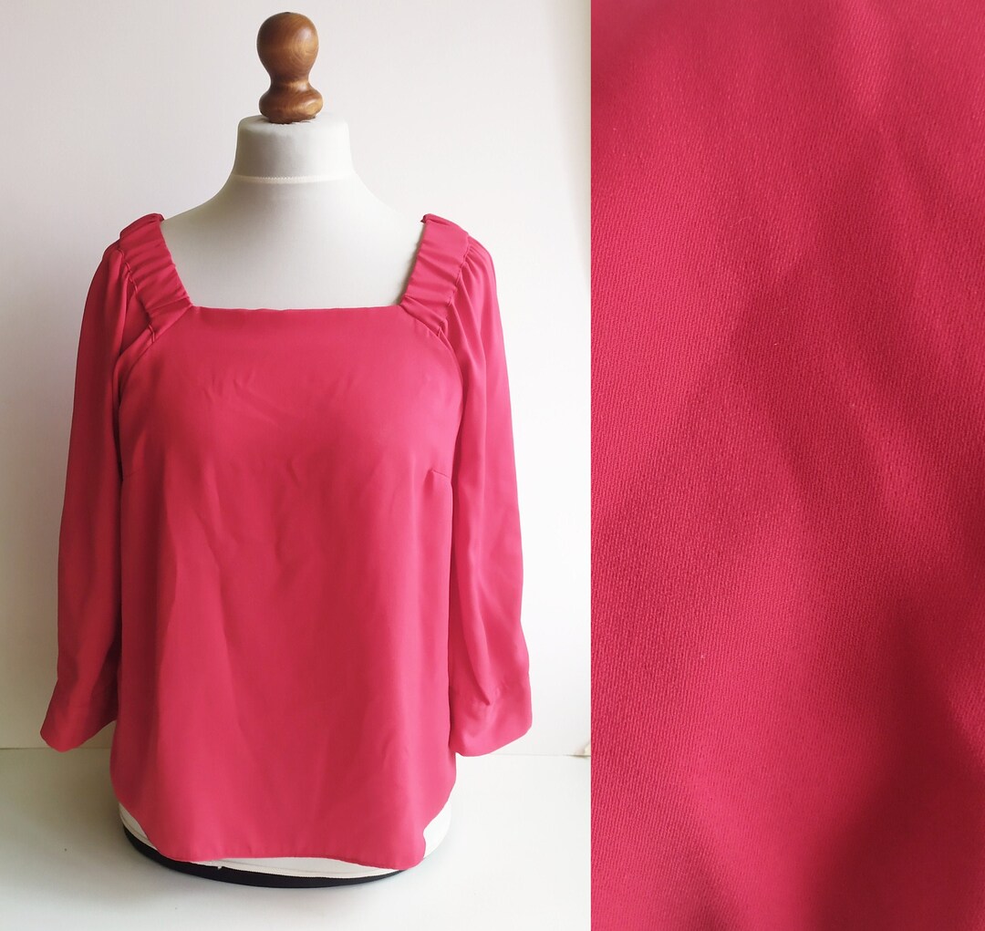 Vintage Red Blouse, Raspberry Blouse, Pink Blouse, Red Top, Square Neck ...