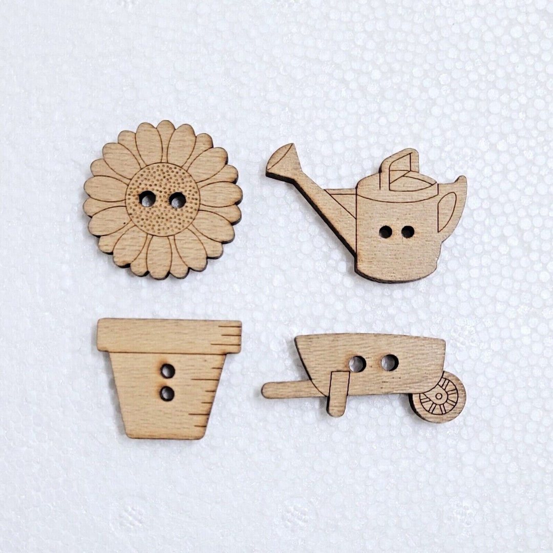 Gardening Buttons 2 Hole Novelty Wooden Flower Plant Pot Watering Can ...