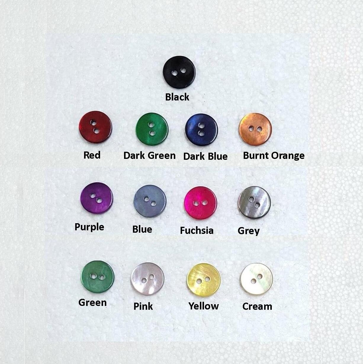 6 Dyed Sea Shell Buttons 11mm 2 Hole Black Red Blue Green Yellow Grey ...