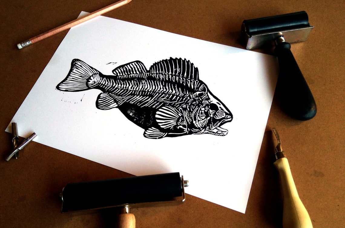Linoprint, Linocut, Skeleton Fish, Handmade, Bones, Fishing, Limited ...