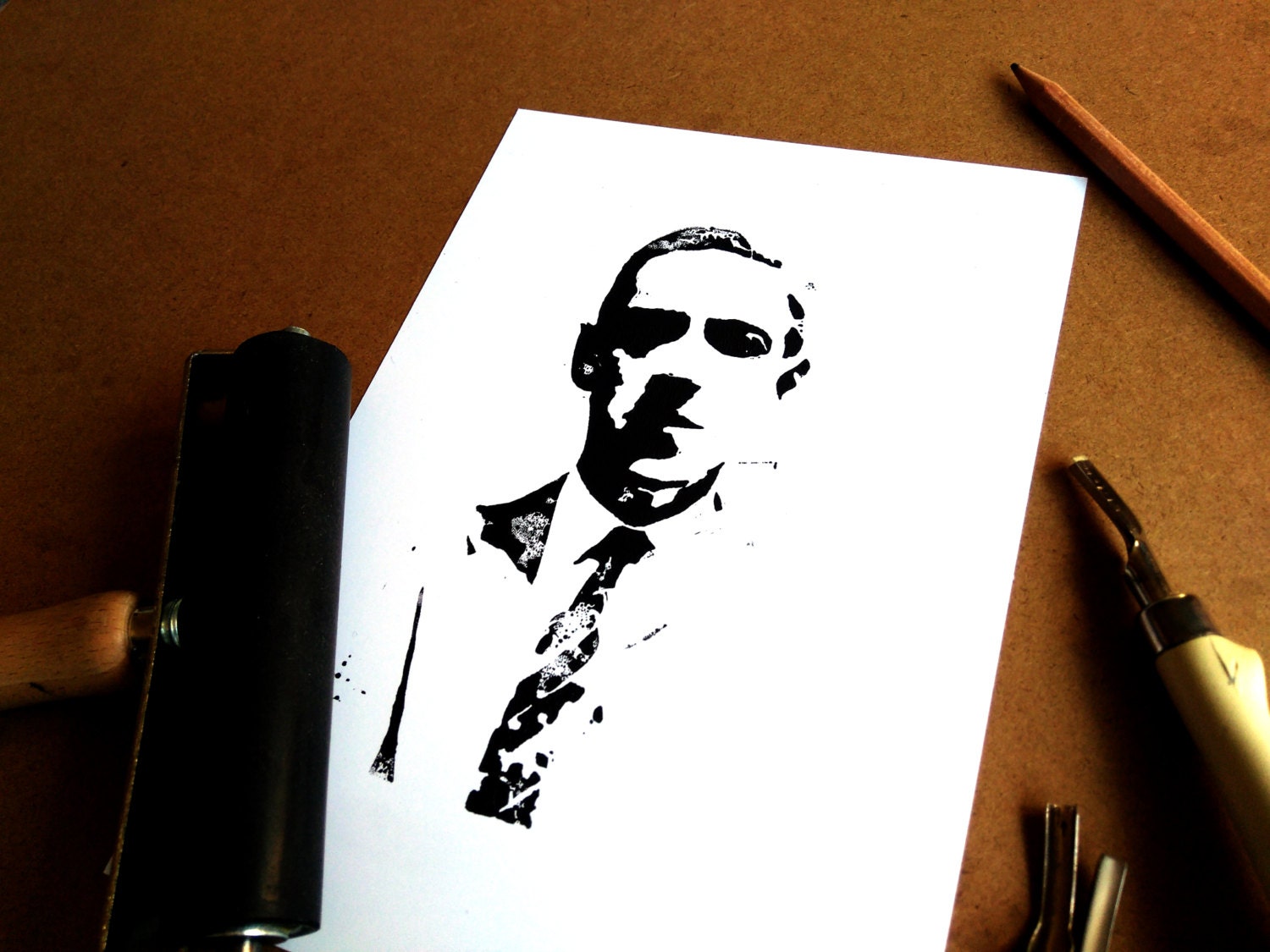 H.P. Lovecraft, Linocut, Wall Art Print, Handmade Linoprint, Engraving ...
