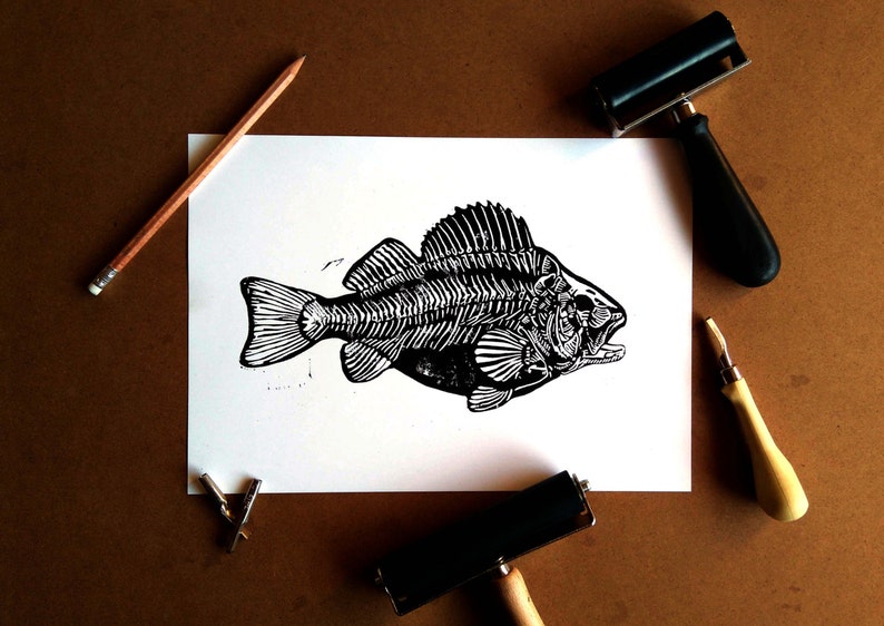 Linoprint, Linocut, Skeleton Fish, Handmade, Bones, Fishing, Limited ...