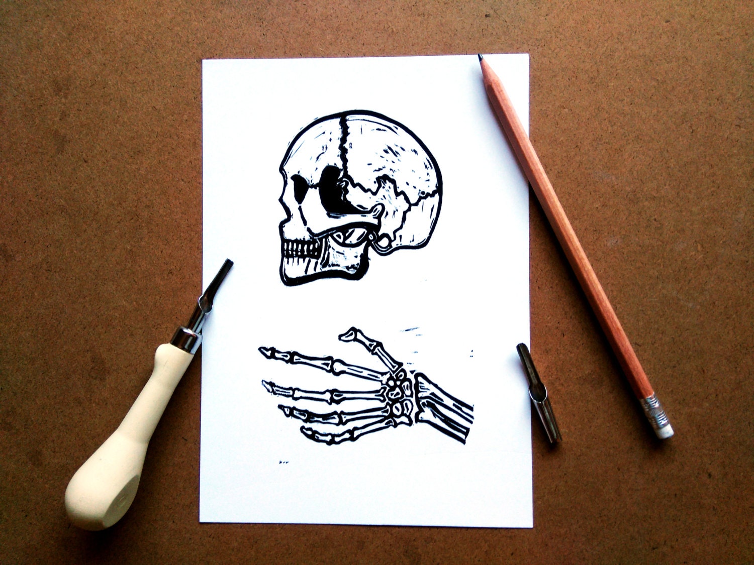 Bone Pair Linoprint, Wall Art Print, Handmade Linocut, Engraving ...