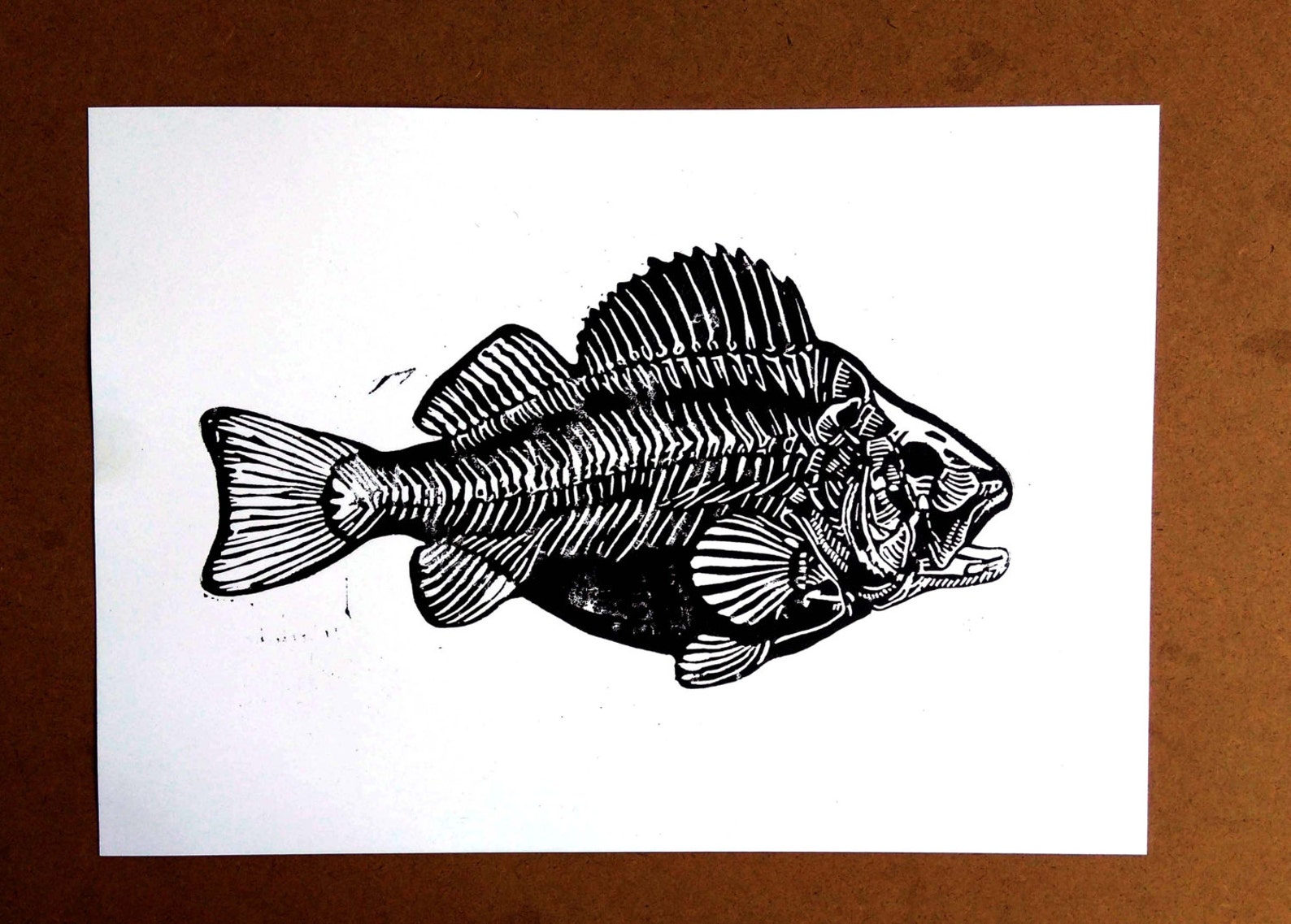 Linoprint, Linocut, Skeleton Fish, Handmade, Bones, Fishing, Limited ...