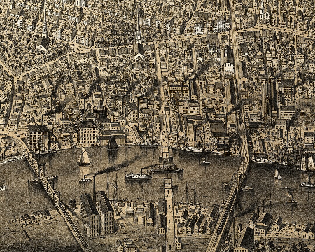 Victorian Era Panoramic Cityscape, Bird's-eye View, Vintage Art Print ...