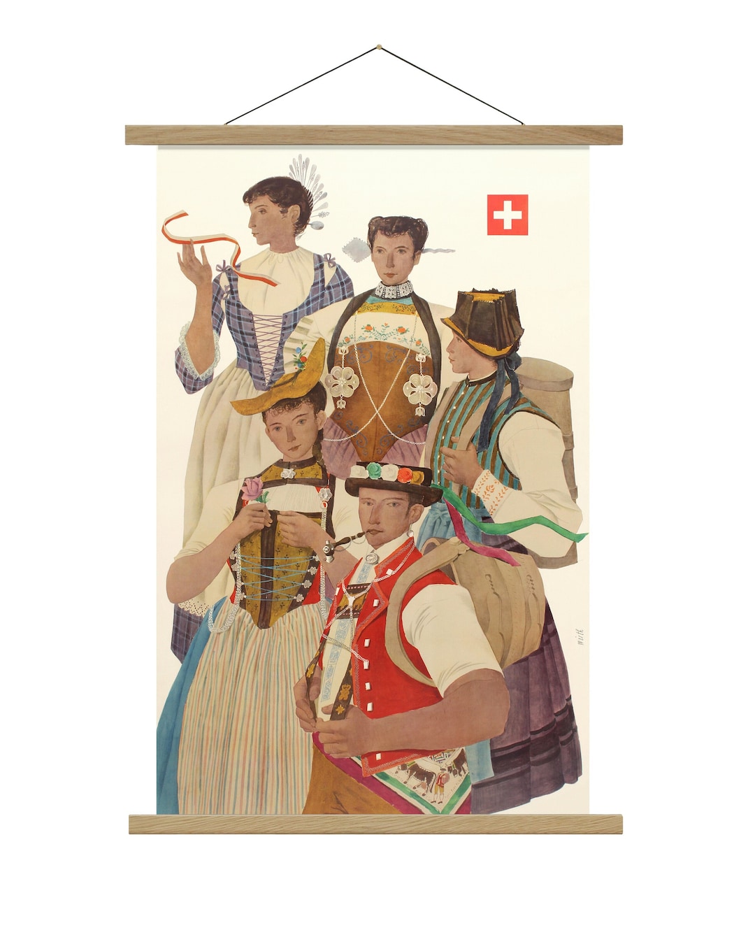Swiss Traditional Folk Costume Fashion Print, Switzerland Flag, Canvas ...