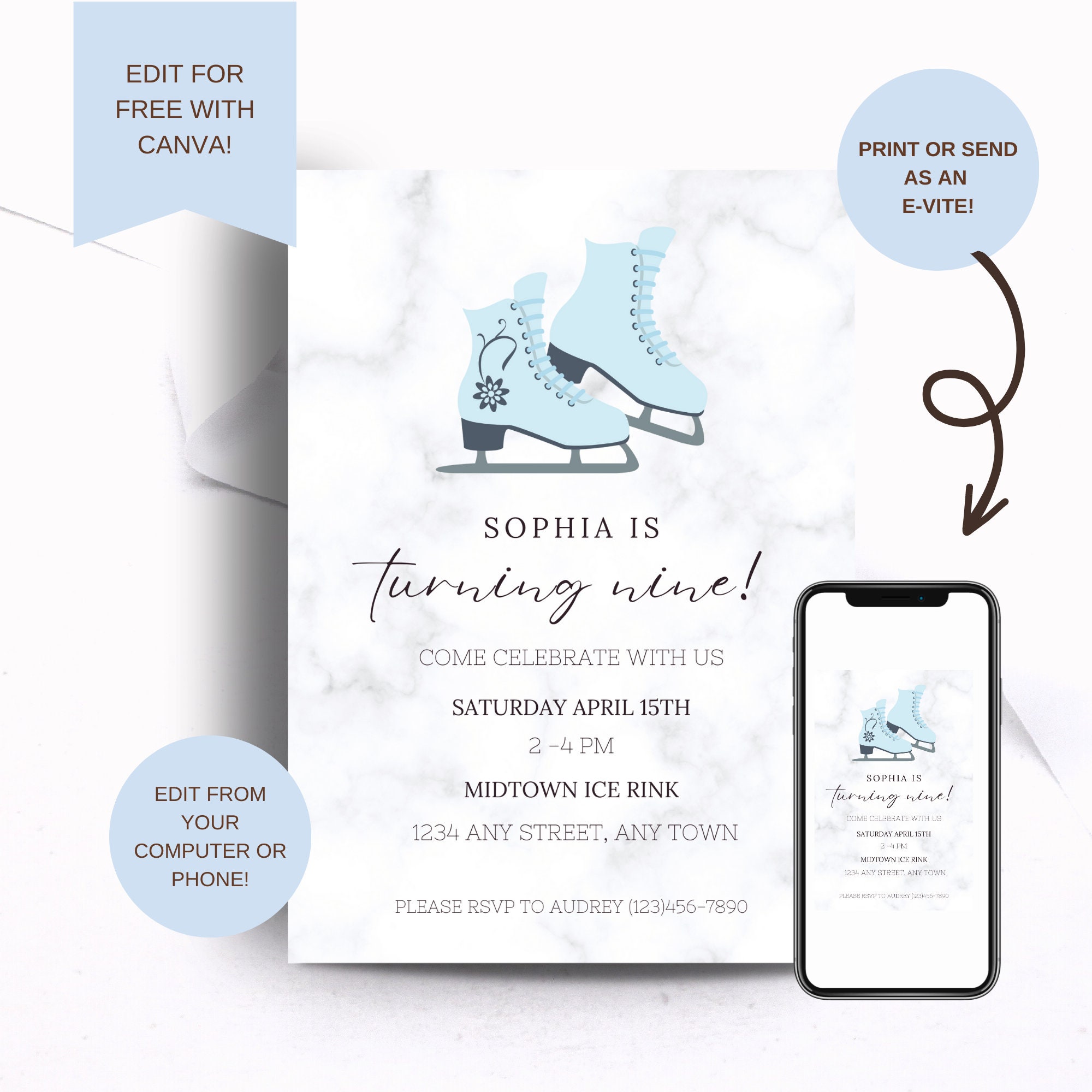 Skating Party Invitation Template, Girls Birthday, 9th Bday, Skating ...