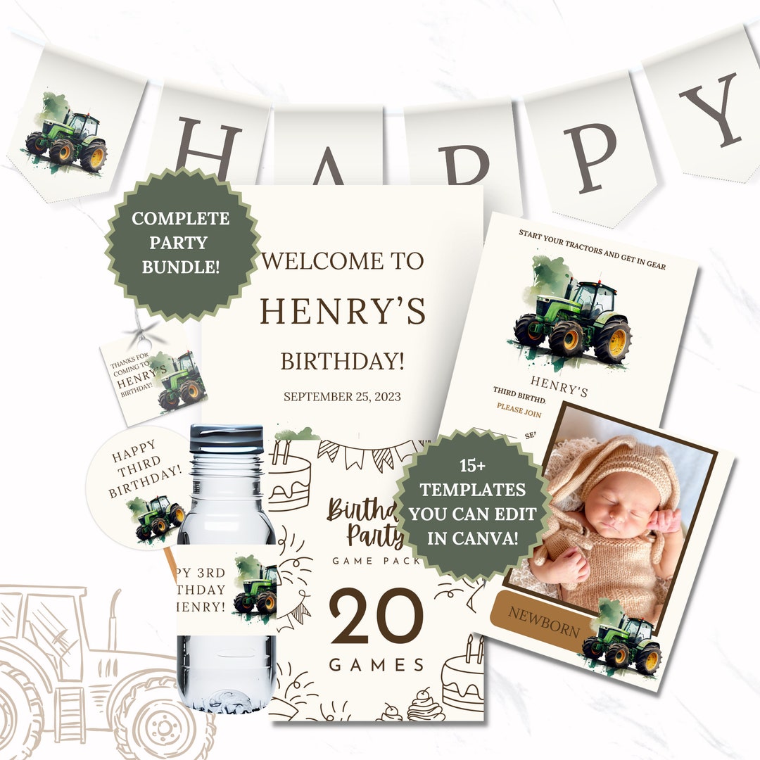 Tractor Birthday Bundle, Green Tractor Invite, Farm Birthday Theme ...