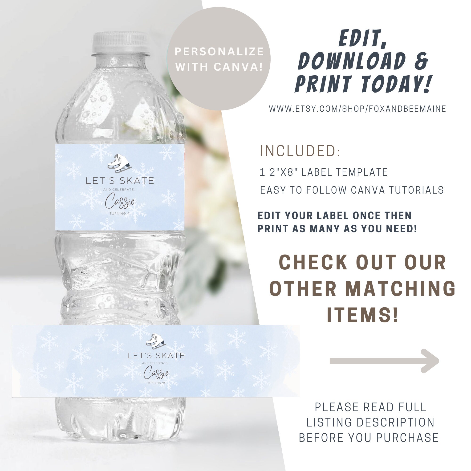 EDITABLE Water Bottle Labels, Ice Skating Birthday Party, DIY Party ...