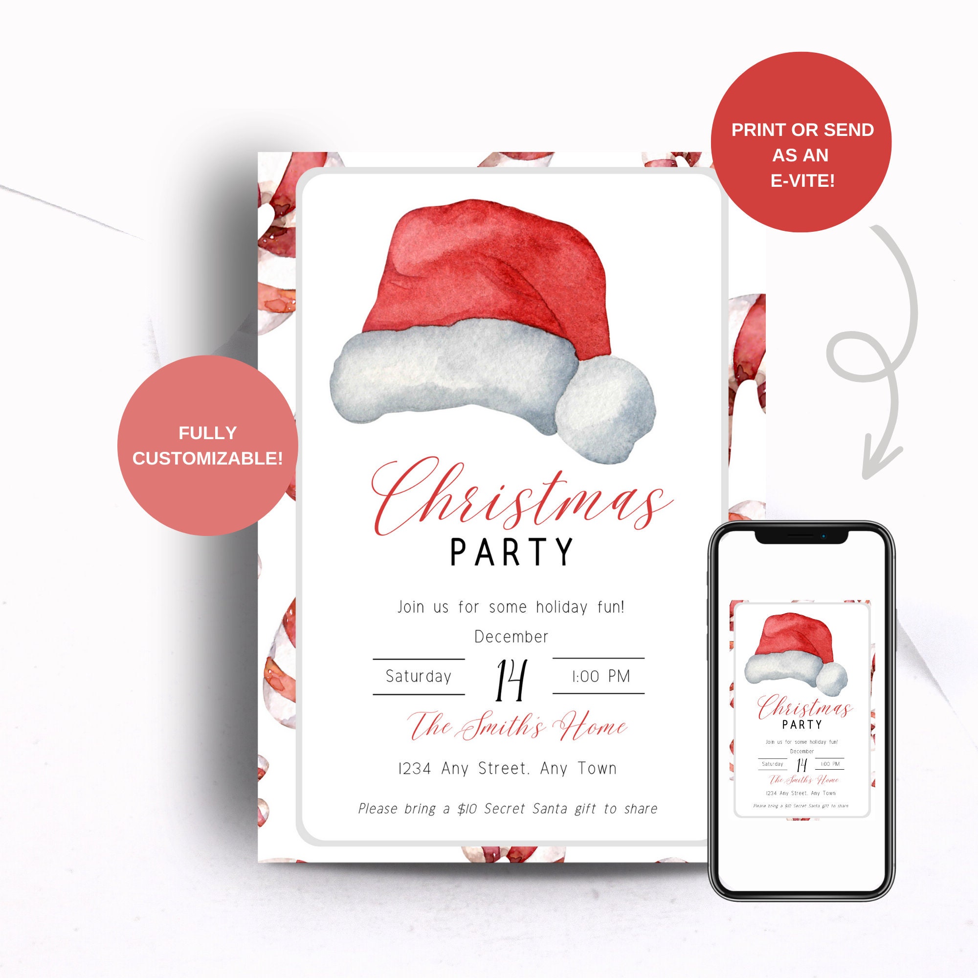 EDITABLE Christmas Party Invitation, Santa Hat Invitation, Digital or ...