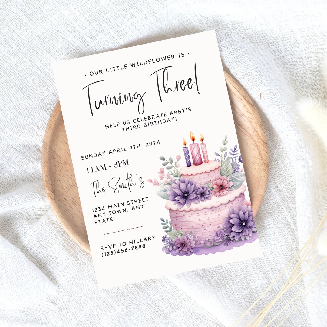 Little Wildflower Invitation, 3rd Birthday Invite, Purple Wild Flower ...