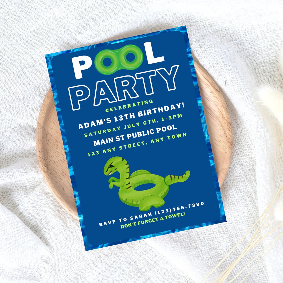 Downloadable Pool Party Invitation Template, 13th Birthday Invitation ...