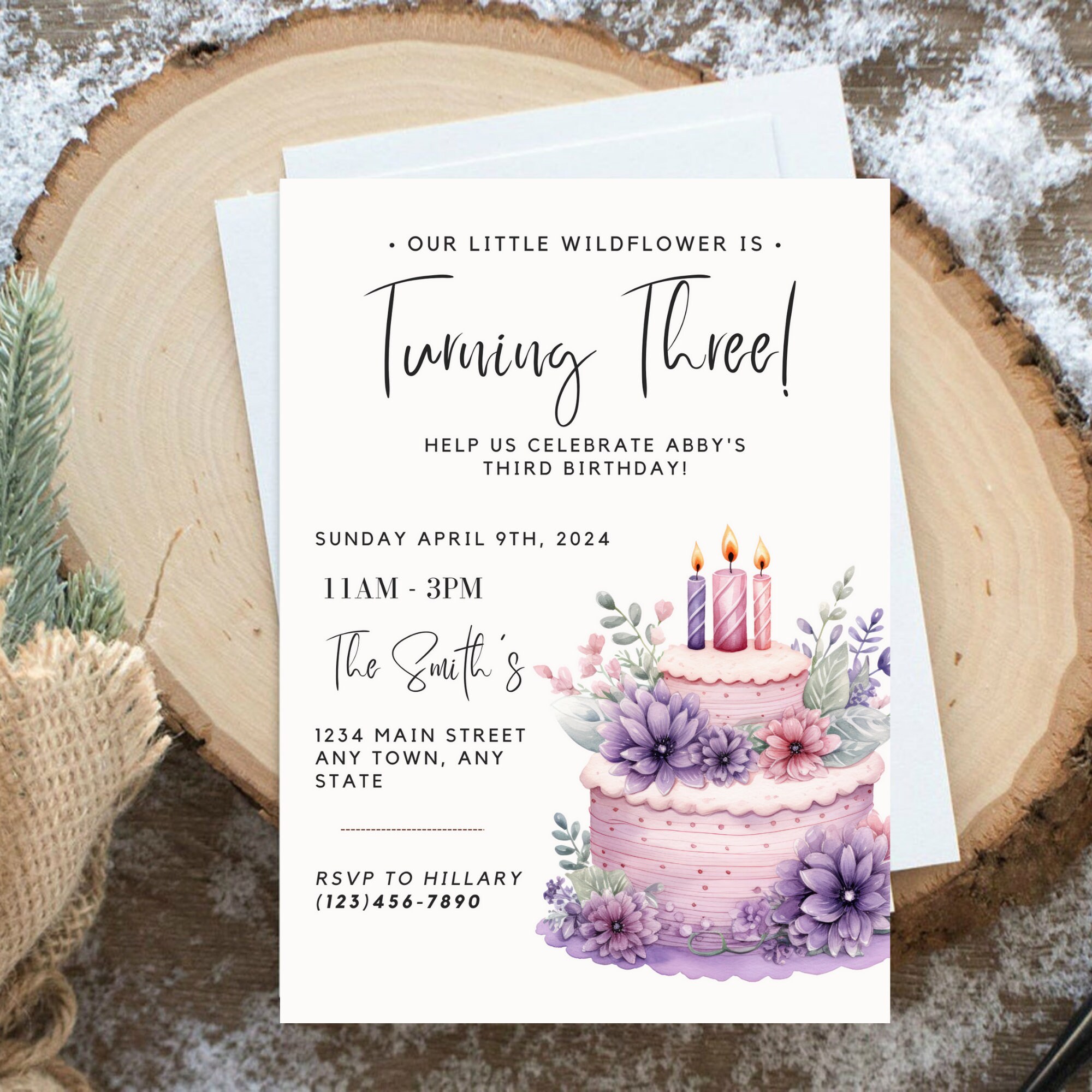 Little Wildflower Invitation, 3rd Birthday Invite, Purple Wild Flower ...
