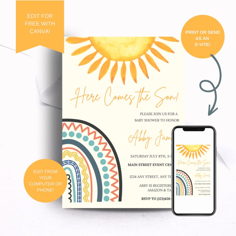 Here Comes the Sun Baby Shower Invite, Sunshine Baby Shower Invitations ...