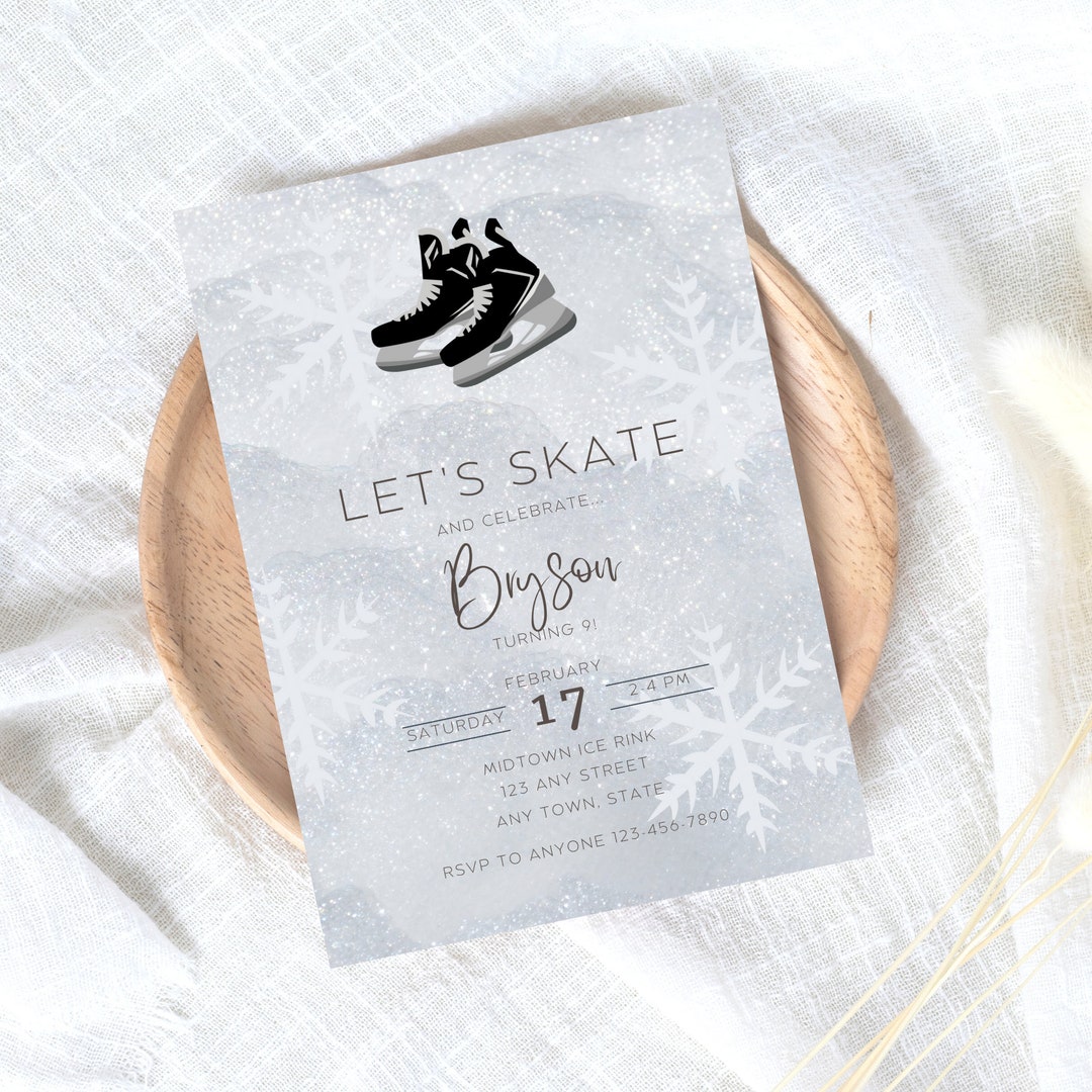 Birthday Invitation Ice Skating, Canva Template, Hockey Skates, Skating ...