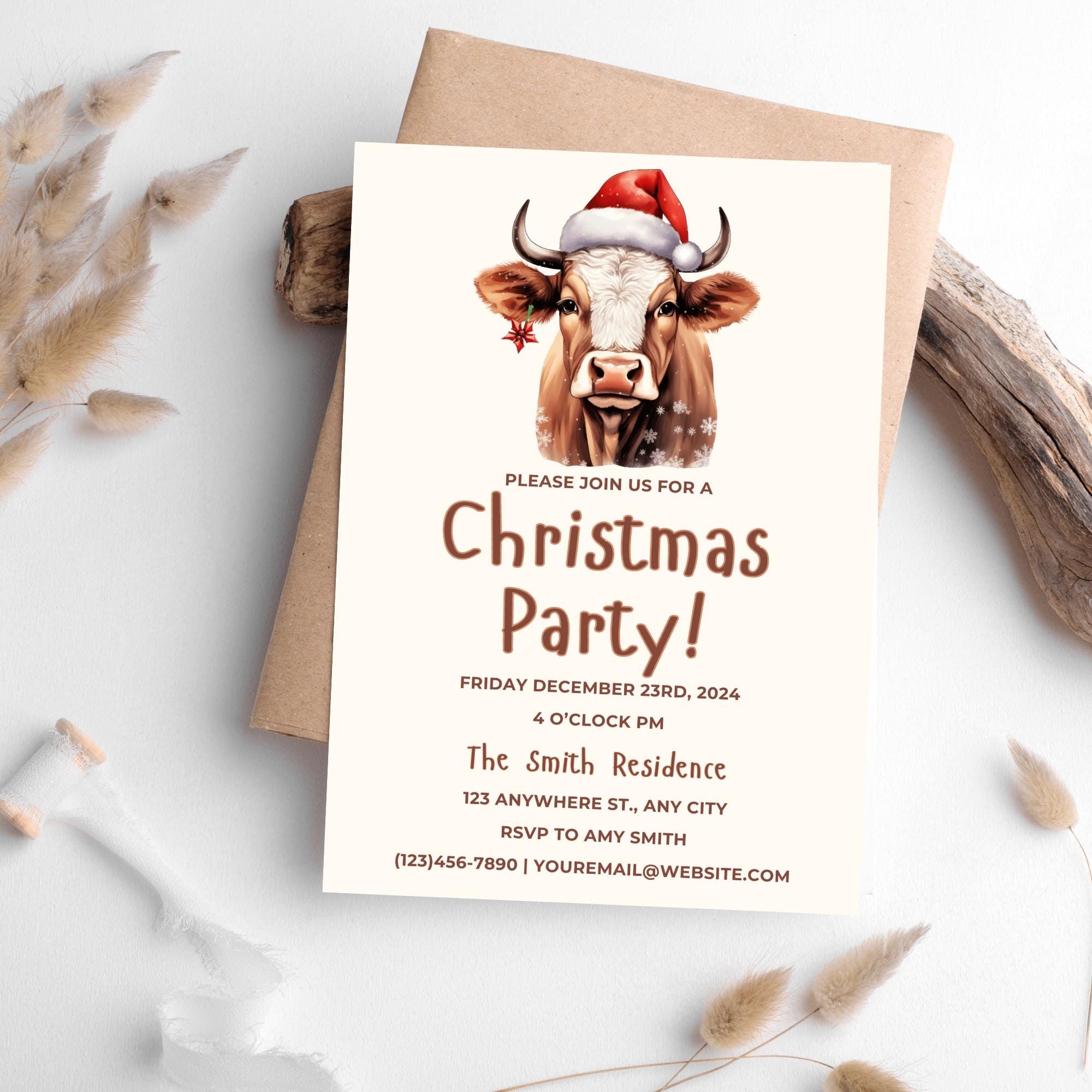 Cow Christmas Party Invitation, Cows Holiday Invite, Winter Rooster ...