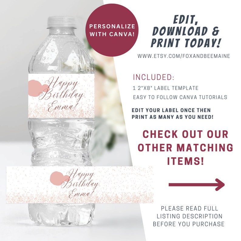 EDITABLE Pink Glitter Bottle Label, Water Labels Printable Birthday ...