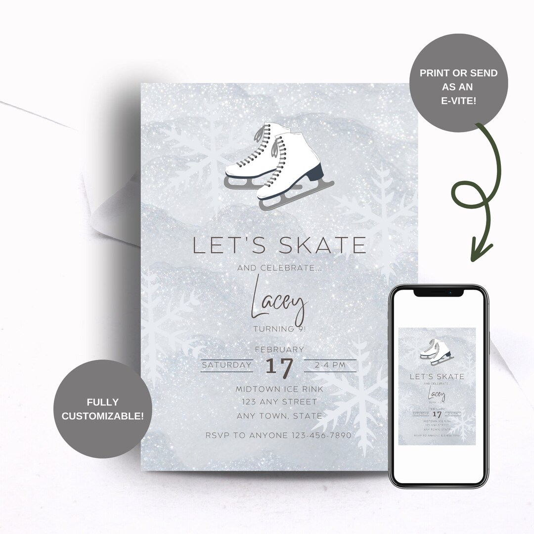 EDITABLE Birthday Invitation Ice Skating, Canva Template, Let's Skate ...