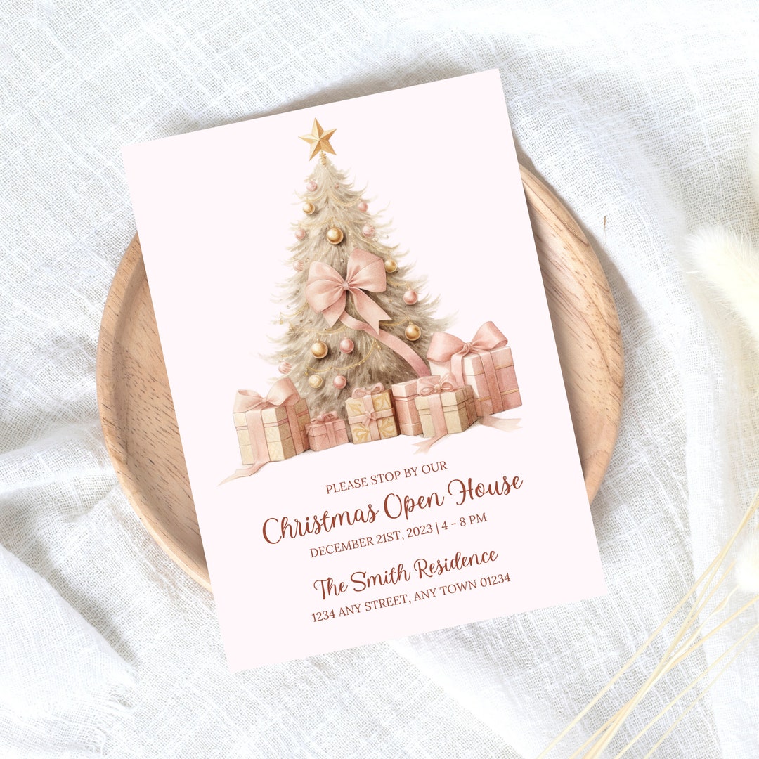 Pink and Gold Christmas Tree Invite, Christmas Open House Invitation ...