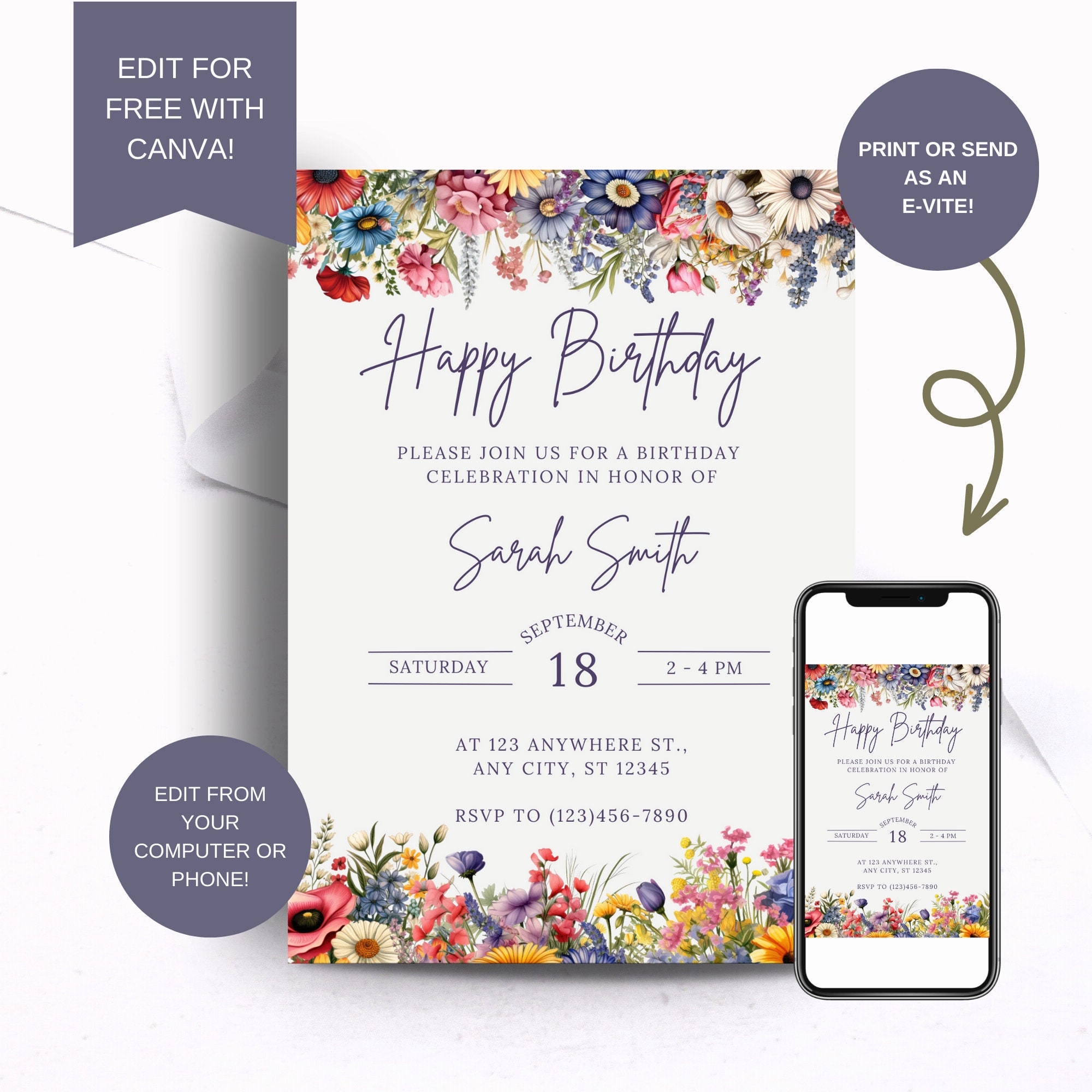 Wild Flower Birthday Invitation, Birthday Invitations for Women Flowers ...