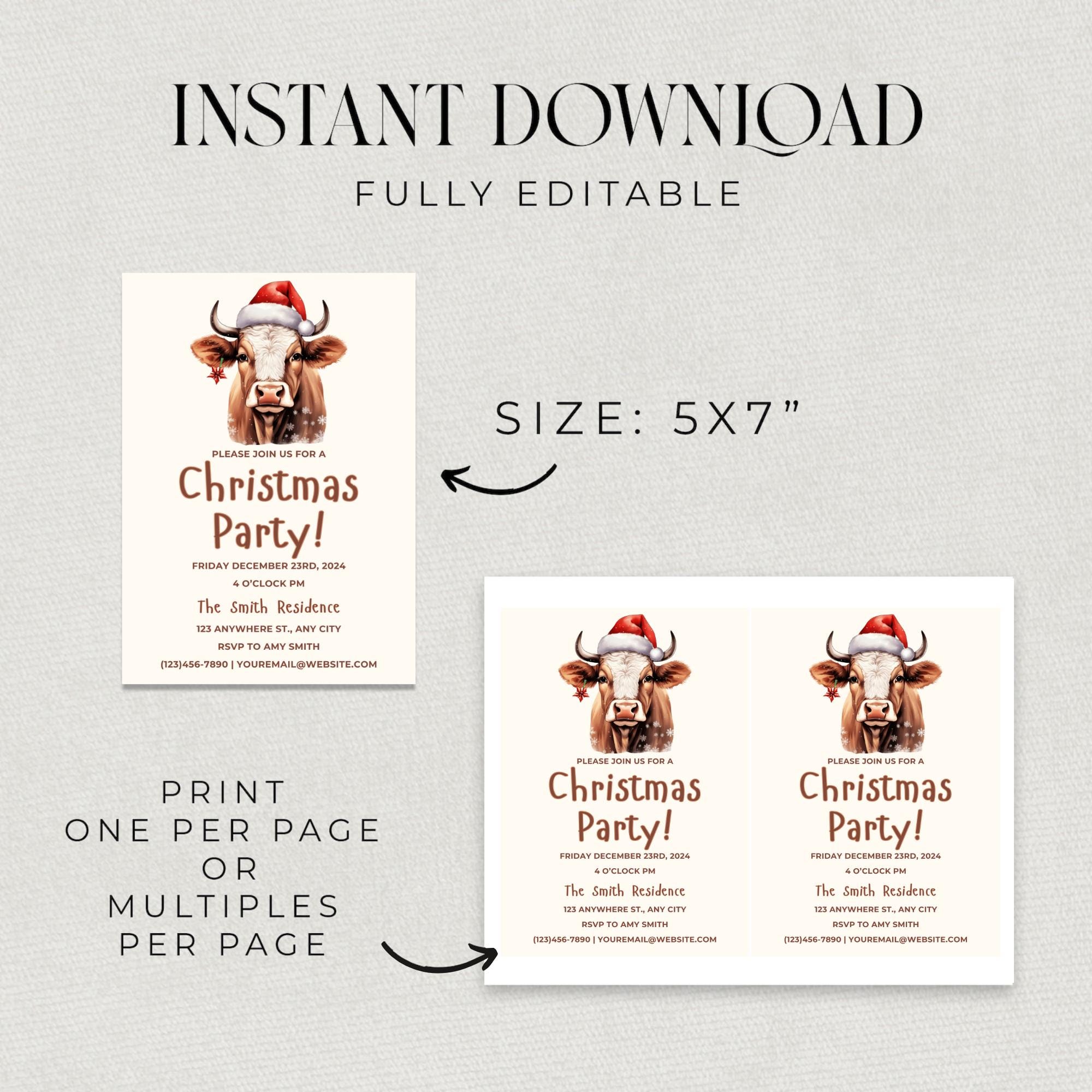 Cow Christmas Party Invitation, Cows Holiday Invite, Winter Rooster ...