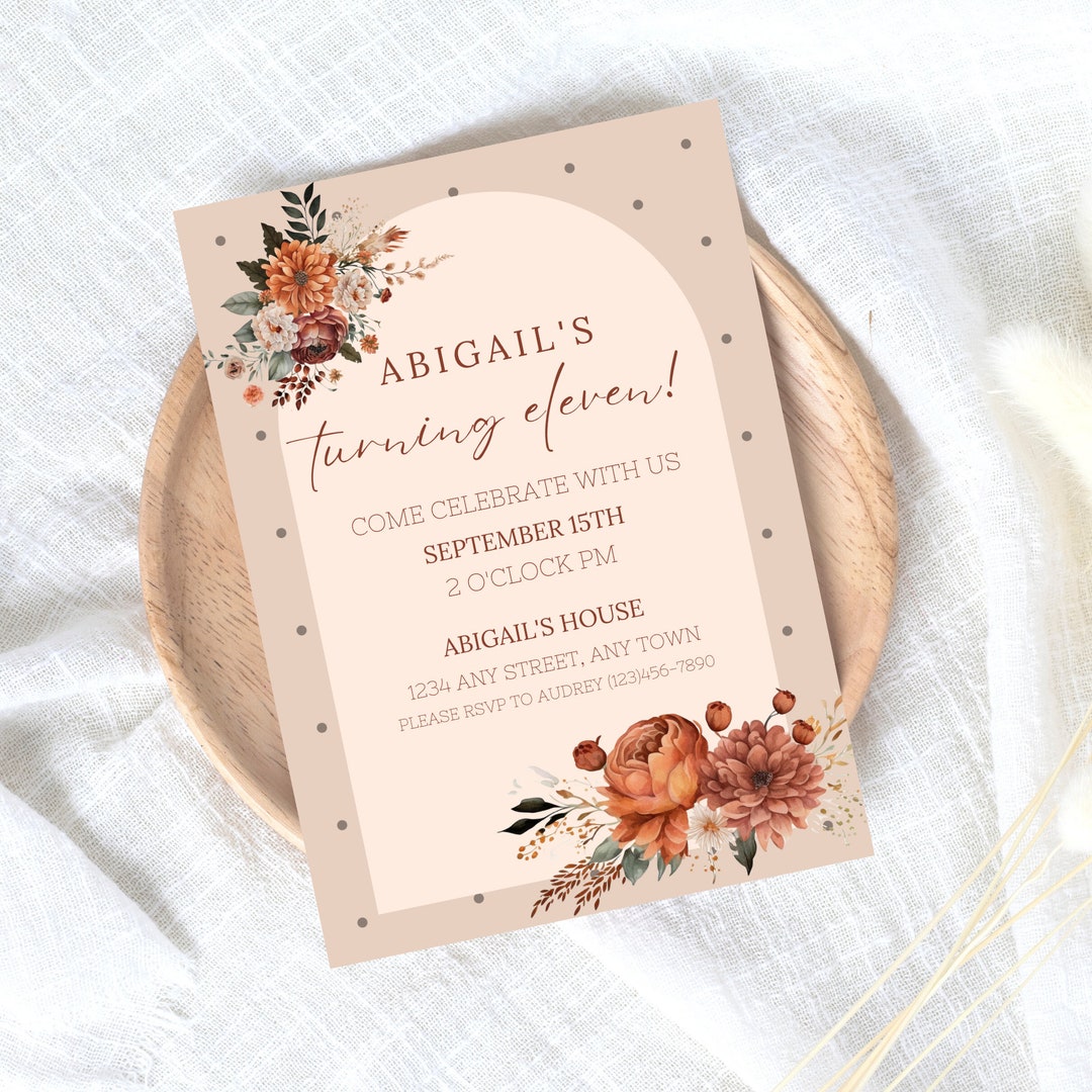 Girls 11th Birthday Party Printable Invitation, Orange Floral, Tween ...