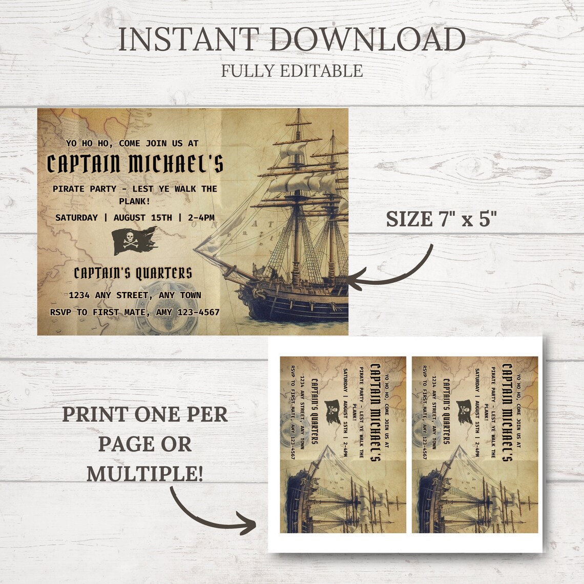 Pirate Theme Birthday Party Invitation, Pirate Ship Invite, Rustic ...