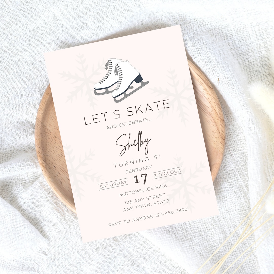 Ice Skating Birthday Party Invitations, Let's Skate, Pink Ice Skate ...