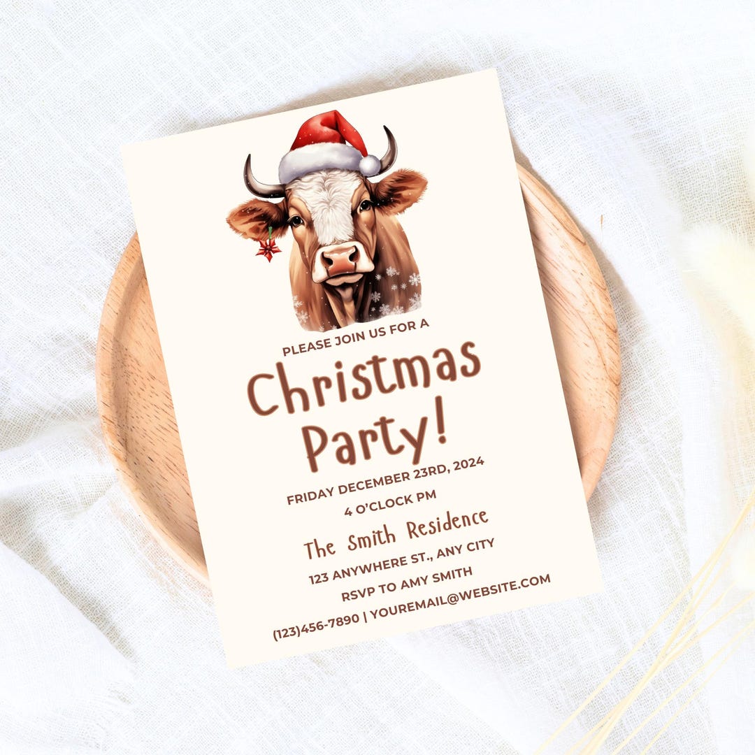 Cow Christmas Party Invitation, Cows Holiday Invite, Winter Rooster ...