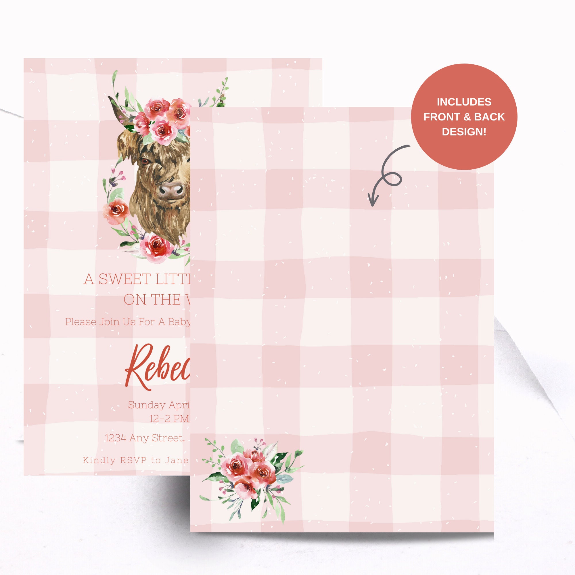 Highland Cow Baby Shower Invites, Pink Plaid, Printable, Baby Girl ...