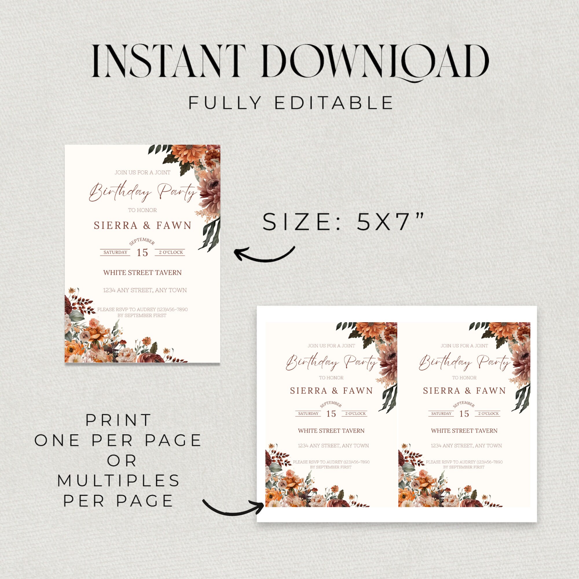 Joint Birthday Party Invitation for Adults, Floral Party Invite, Adult ...