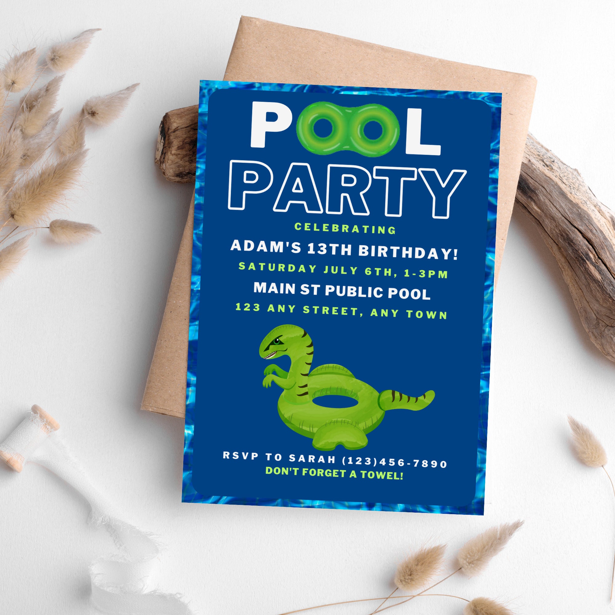 Downloadable Pool Party Invitation Template, 13th Birthday Invitation ...