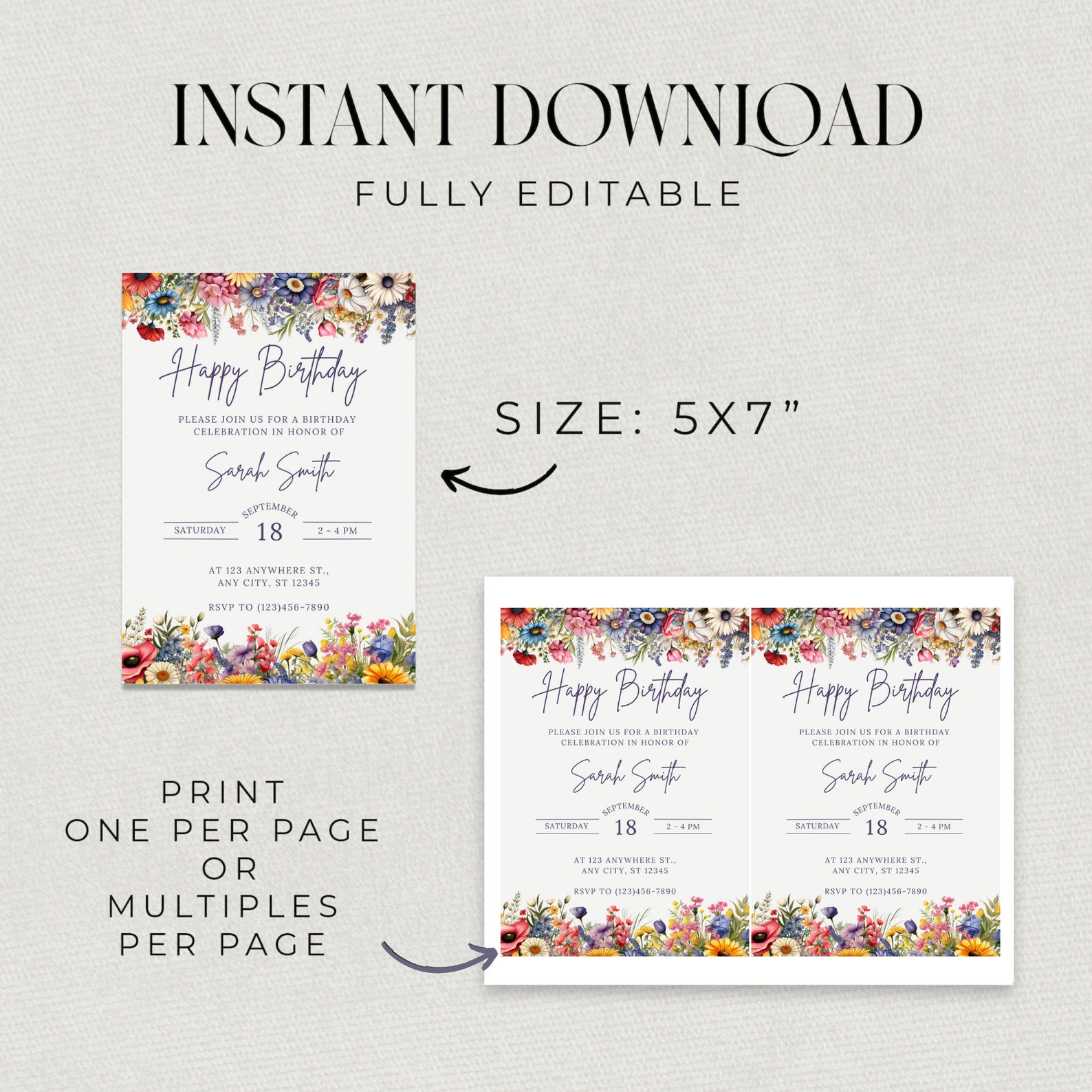 Wild Flower Birthday Invitation, Birthday Invitations for Women Flowers ...