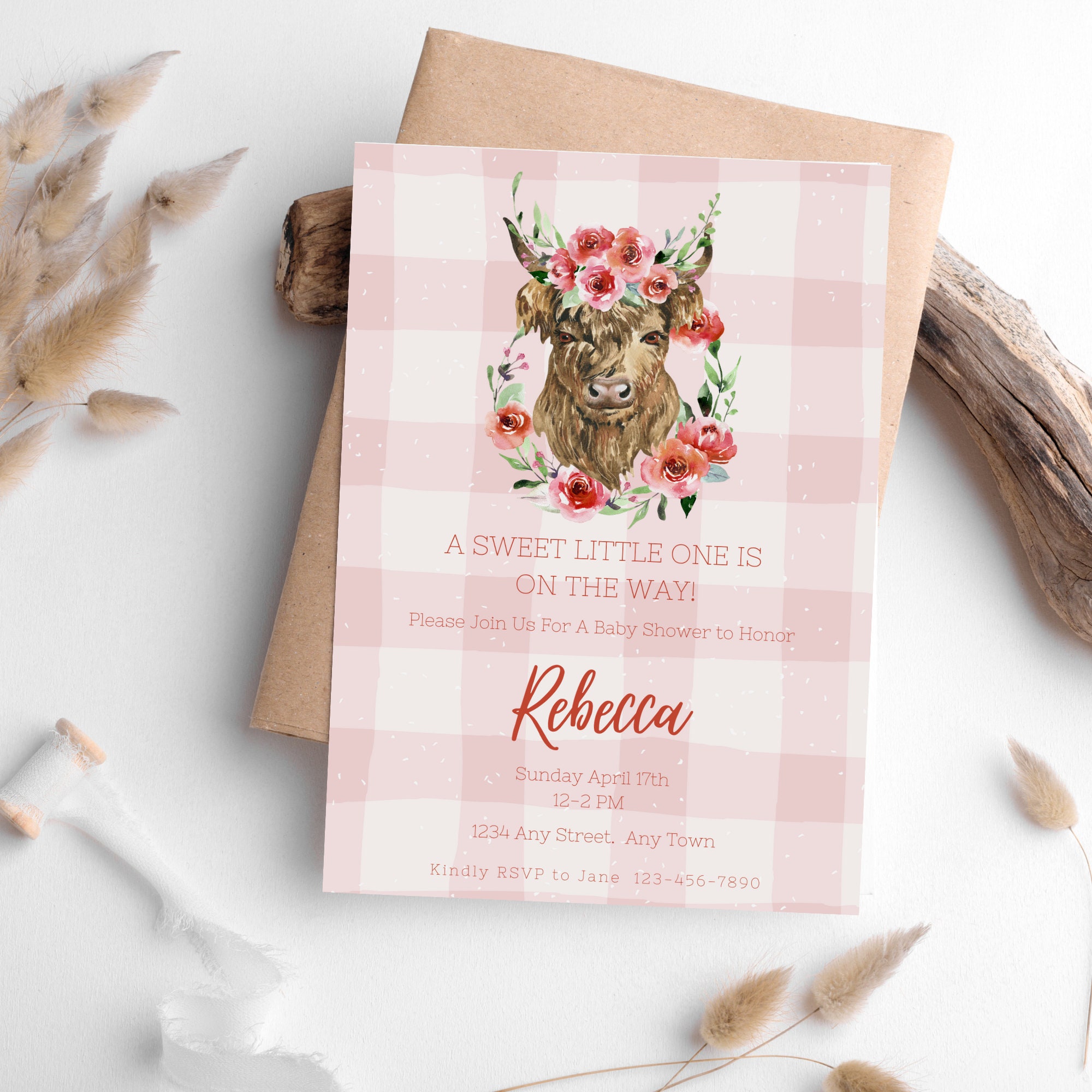 Highland Cow Baby Shower Invites, Pink Plaid, Printable, Baby Girl ...