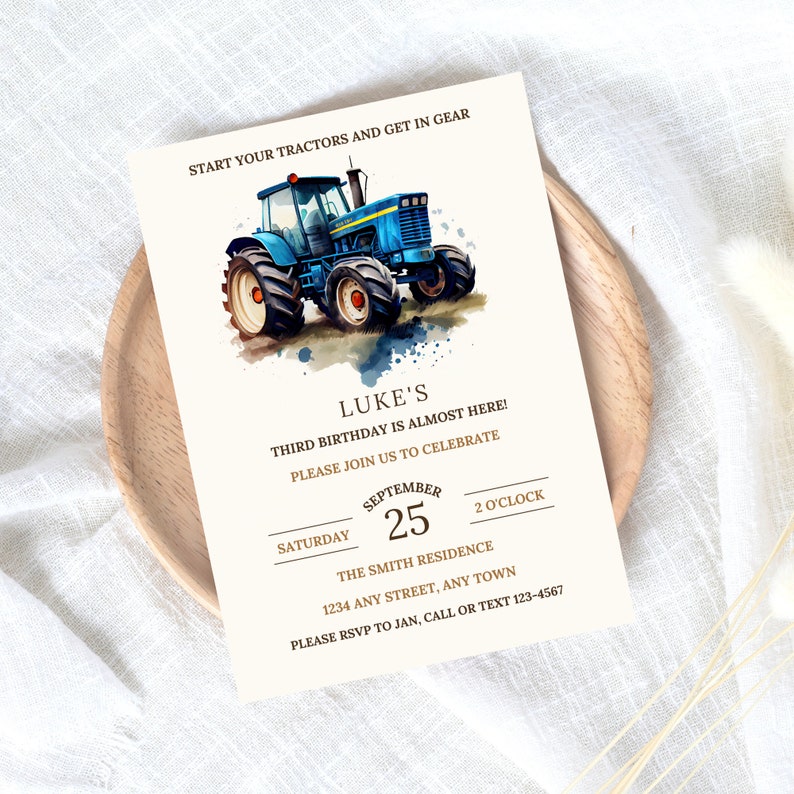 Tractor Third Birthday Party Printable Invitation Template, Boys 3rd ...
