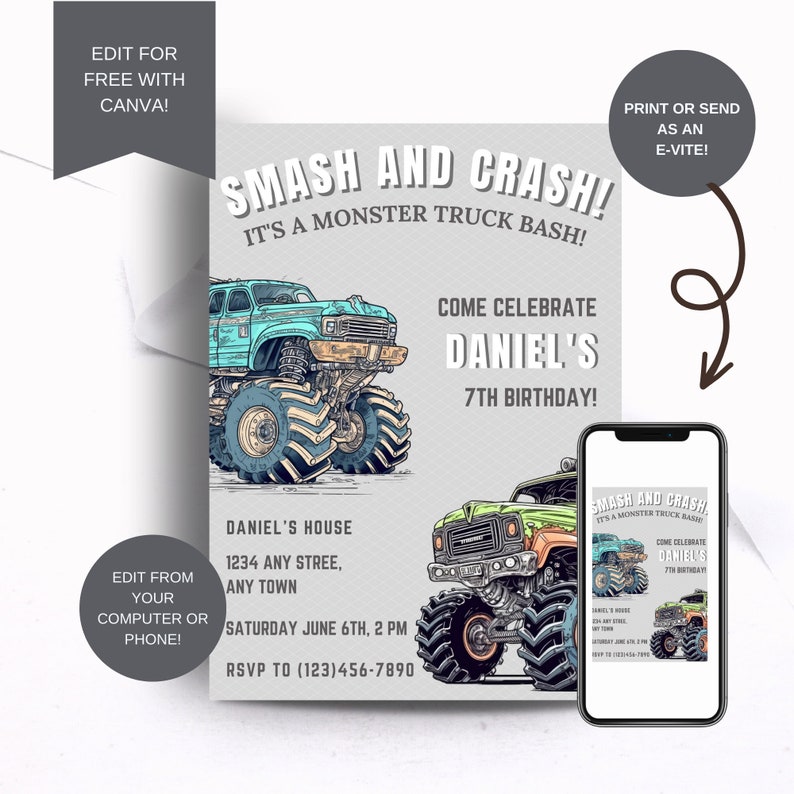 Monster Truck Party Invites, Truck Invite Template, Monster Truck ...