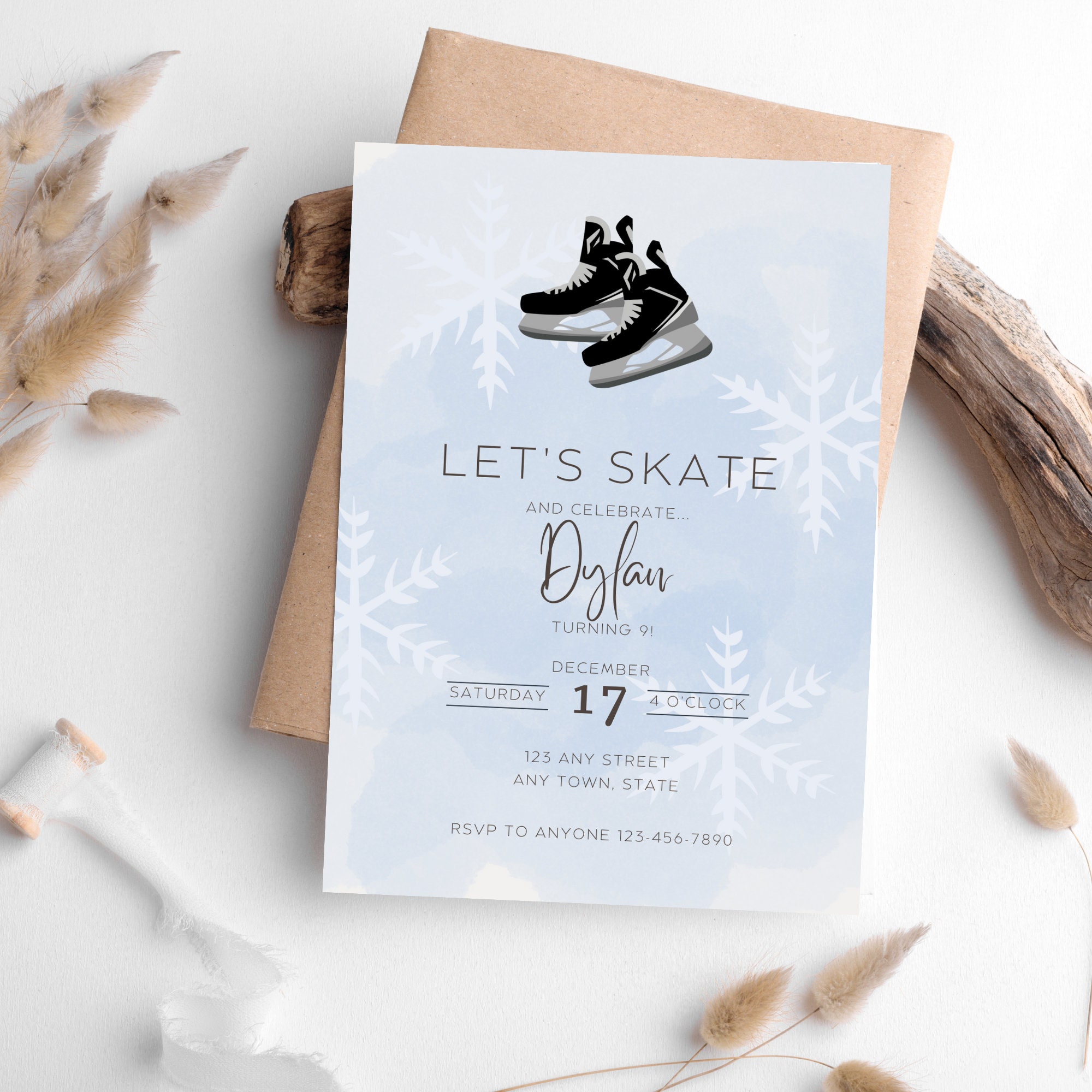 EDITABLE Birthday Invitation Ice Skating, Canva Template, Hockey Skates ...