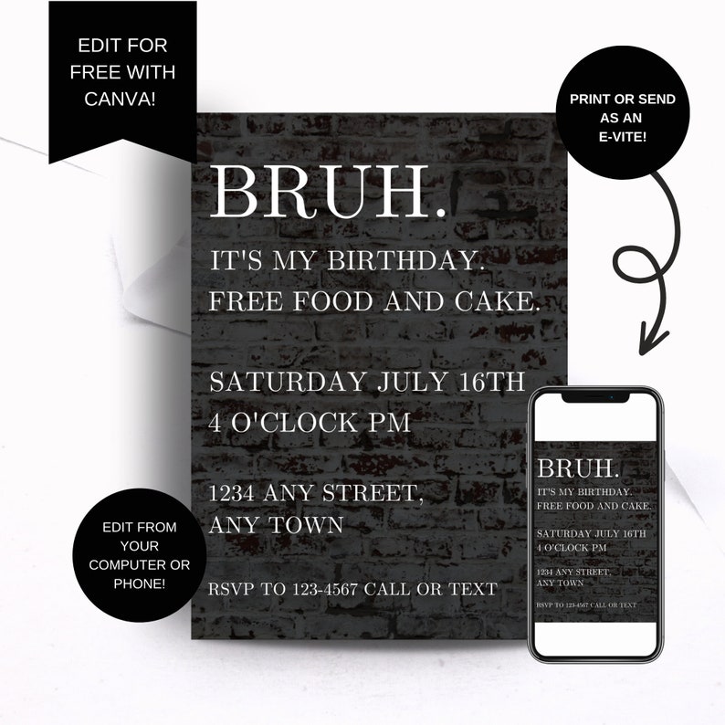 Bruh Invitation Editable Birthday Invitations Through Text - Etsy