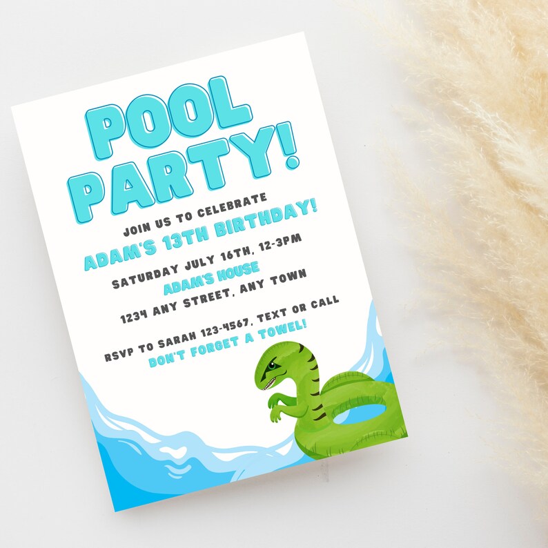 Downloadable Pool Party Invitation Template, 13th Birthday Invitation ...