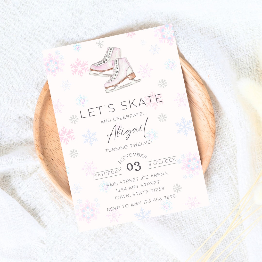 Kids Ice Skating Party Invitation, Girls Birthday, 12th Bday, Skating ...