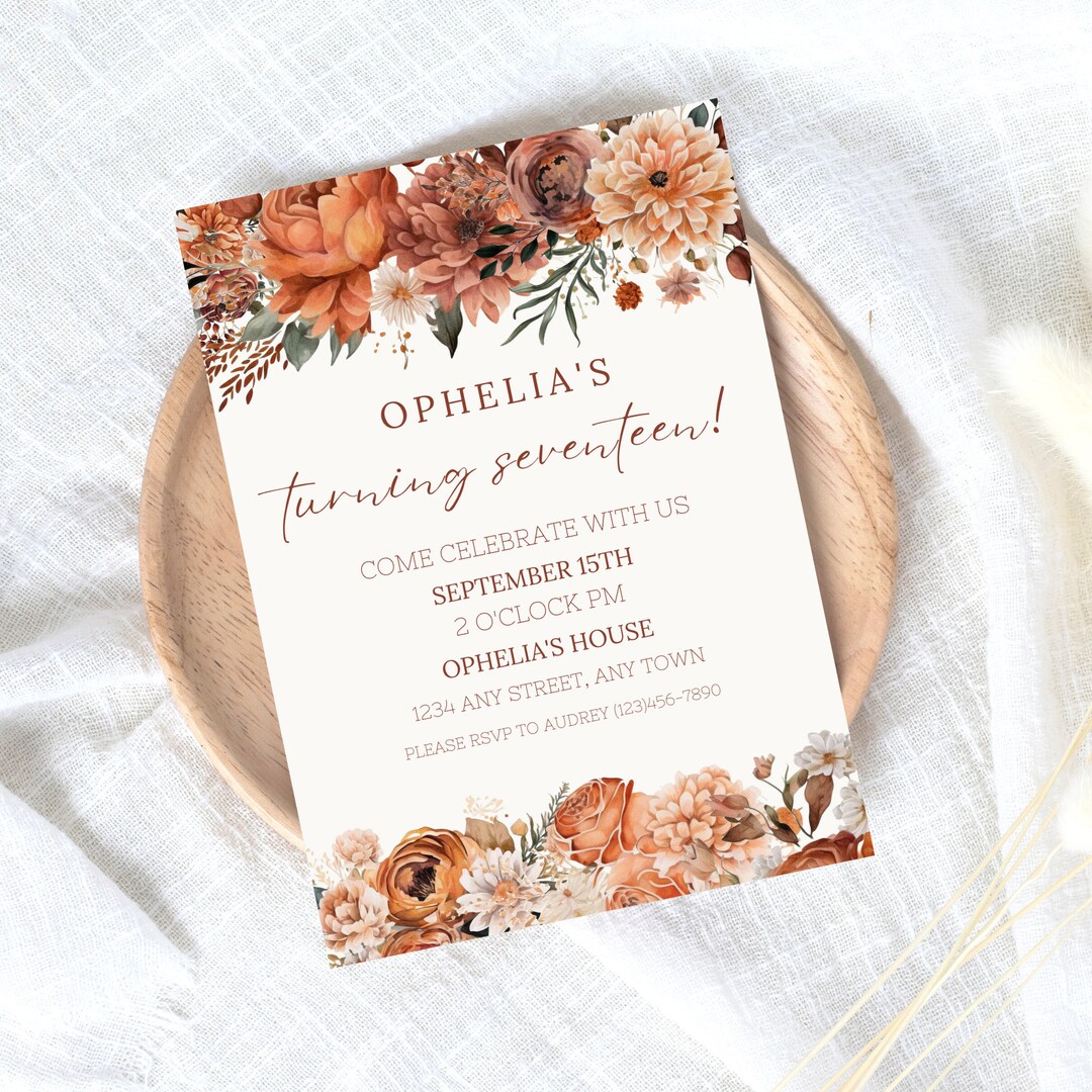 17th Birthday Girl Invite, Orange Floral, Instant Download Birthday ...