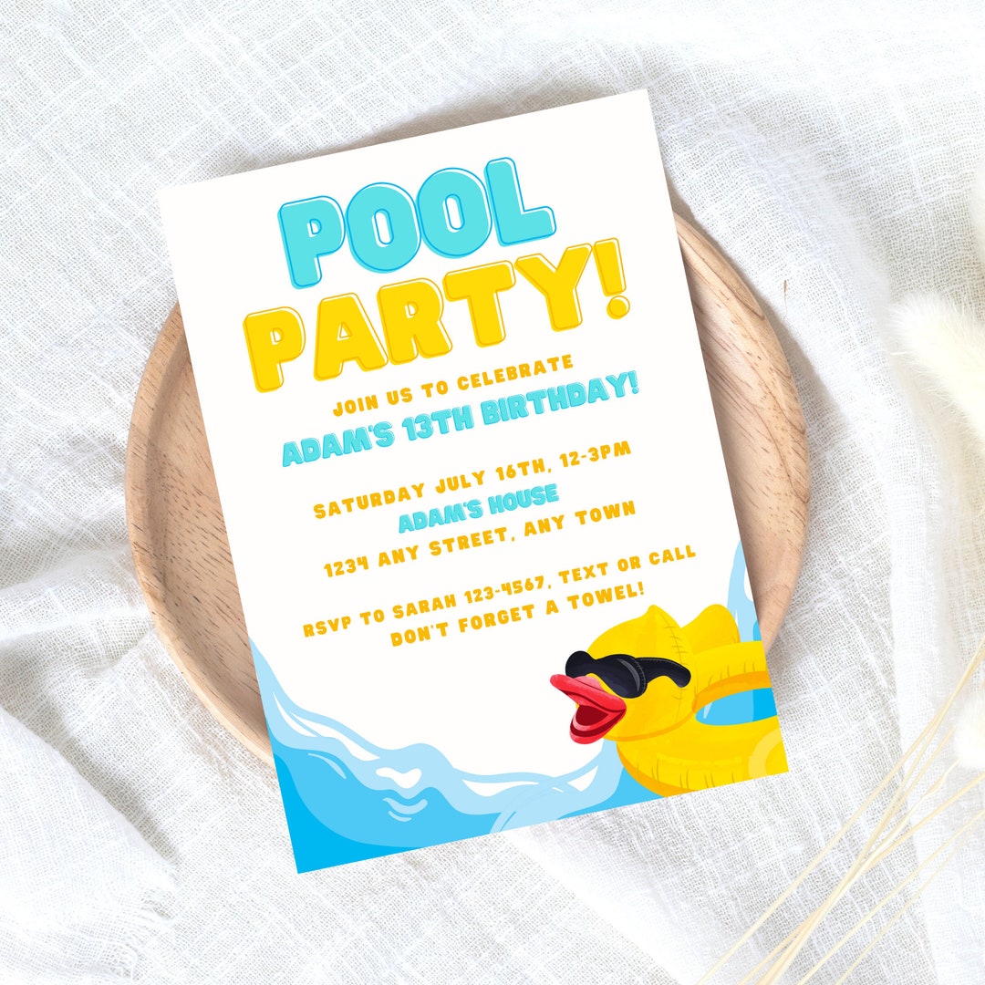 Downloadable Pool Party Invitation Template, 13th Birthday Invitation ...