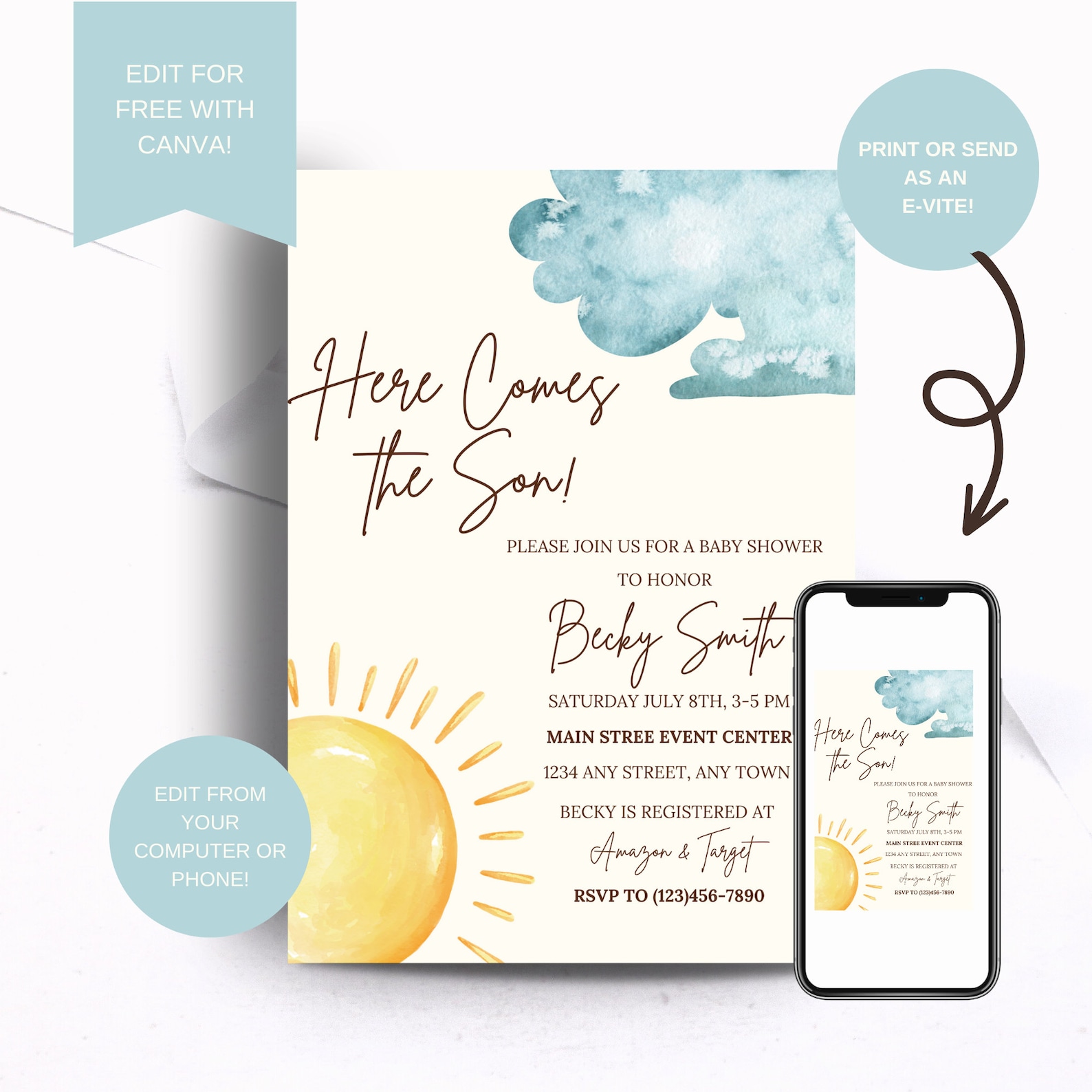 Here Comes the Sun Baby Shower Invite Sunshine Baby Shower - Etsy