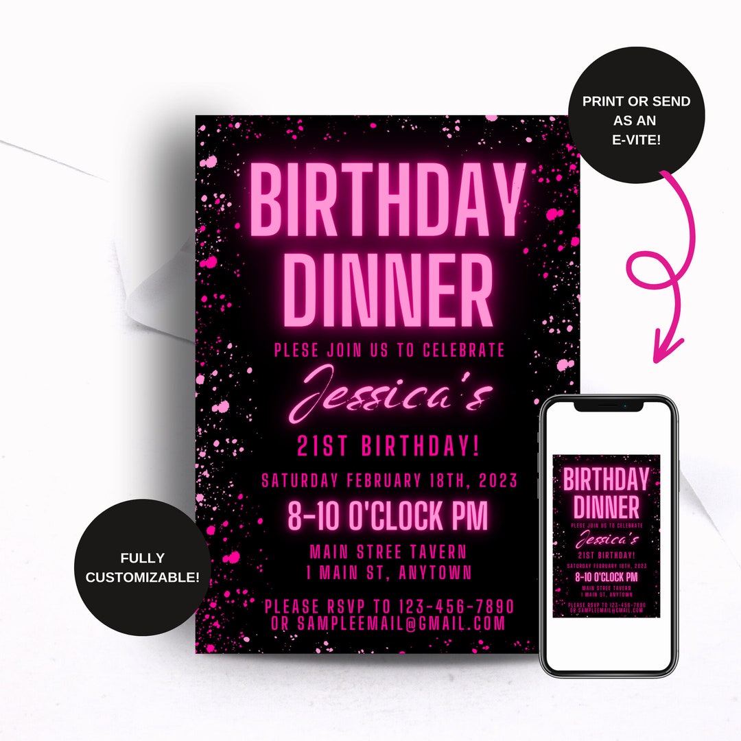 Birthday Dinner Invitation, 21st Birthday, Printable, Dinner Evite ...