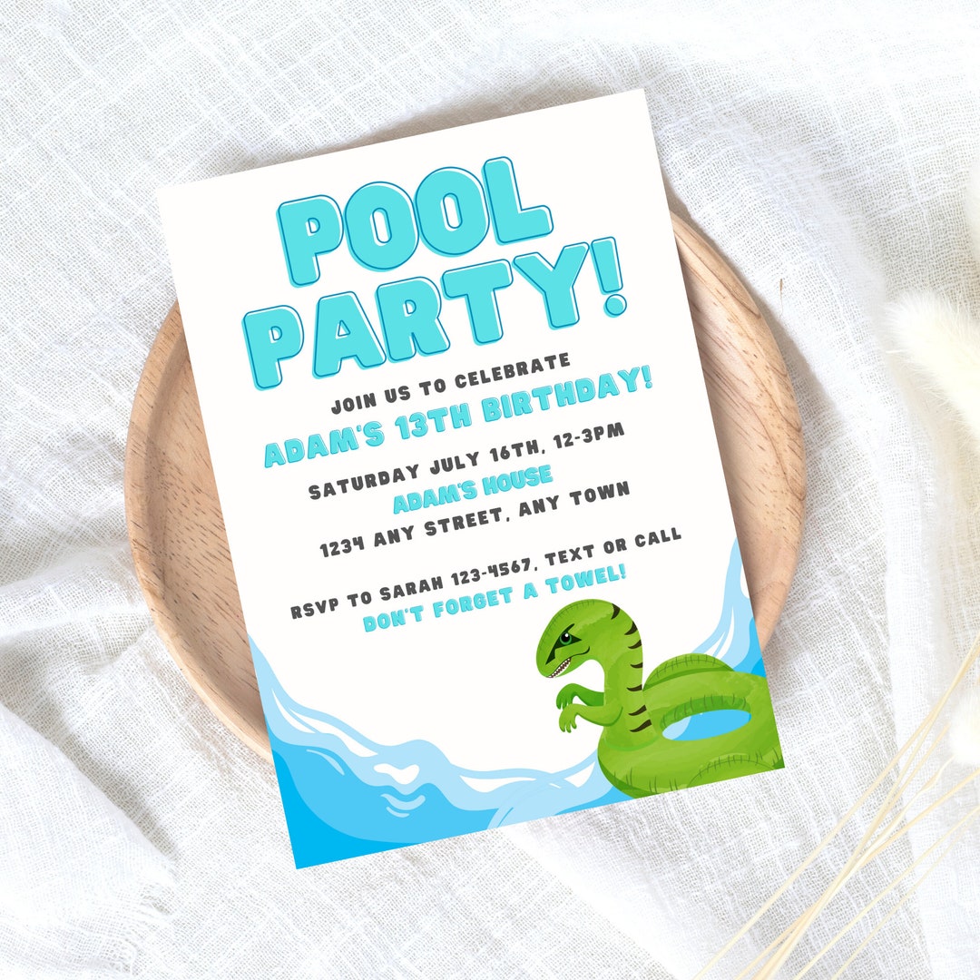 Downloadable Pool Party Invitation Template, 13th Birthday Invitation ...