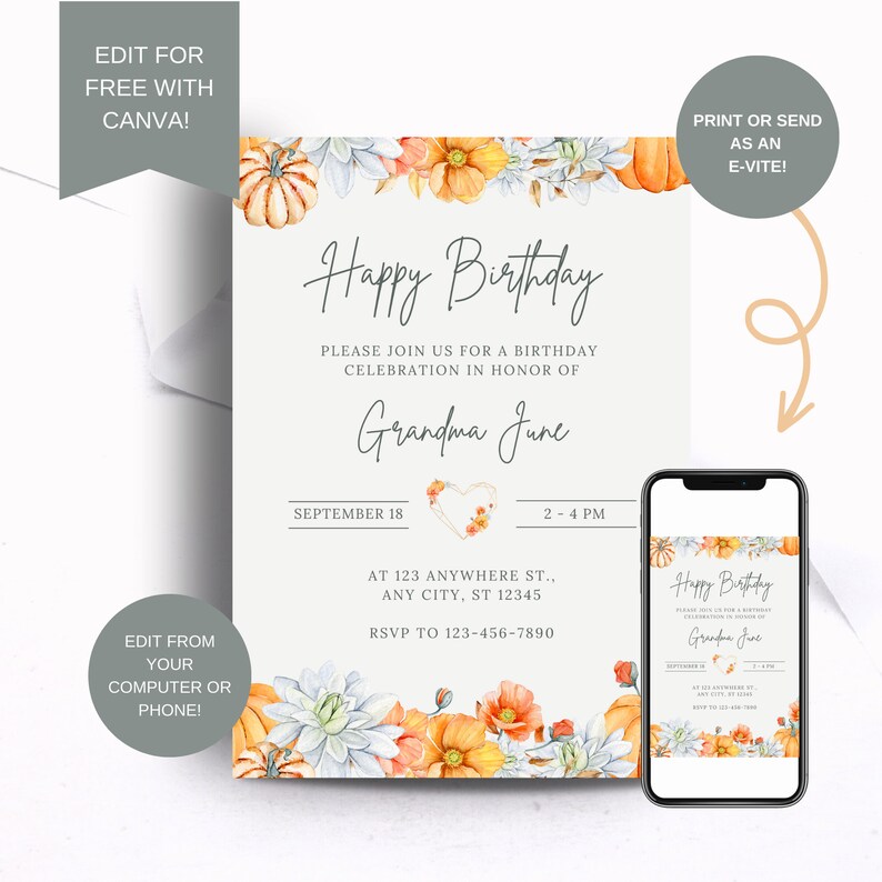 September Birthday Invitations, Invite for Grandma, 60th Template ...