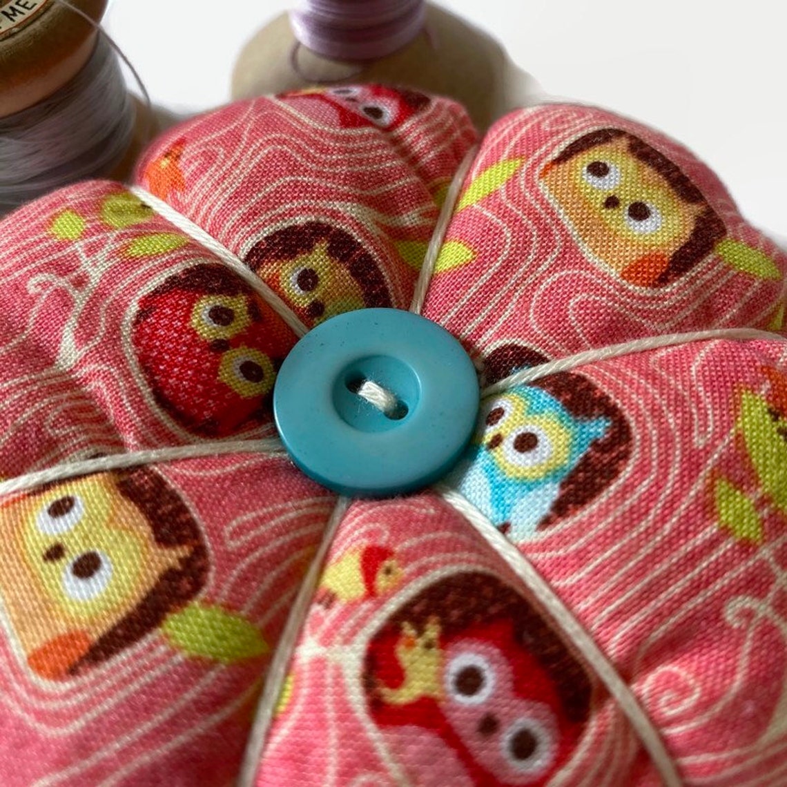 Pink Owl Pattern Round Pin Cushion - Etsy UK