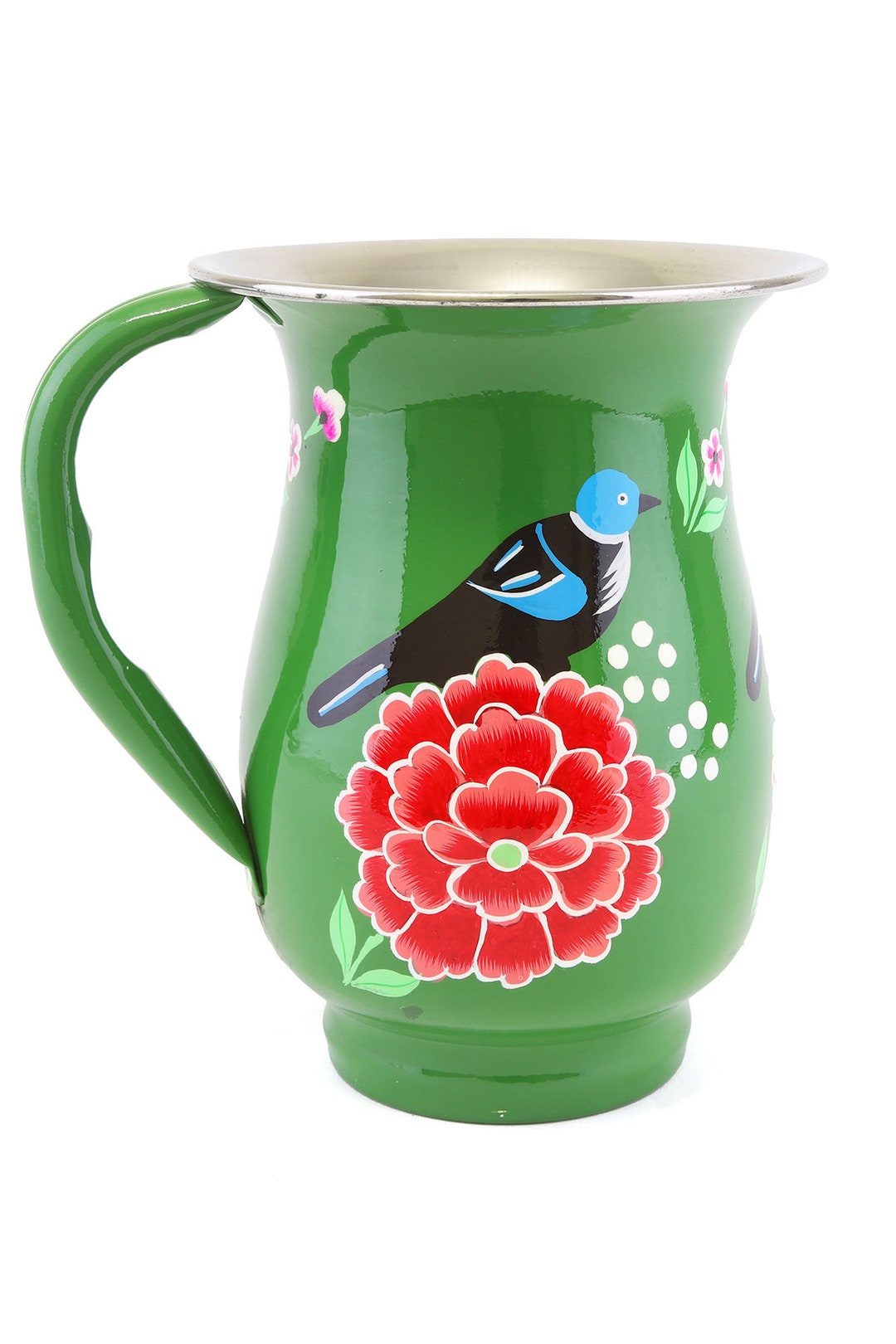 Bird Design Green Hand Painted Enamel Pitcher - Etsy