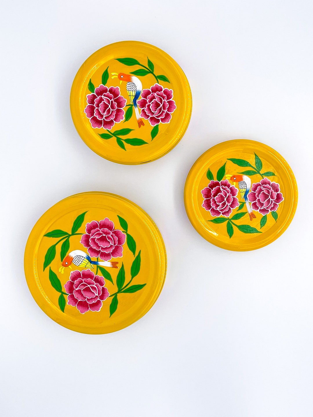 Bird Design Yellow Hand Painted Enamel Storage Box / Canister Set - Etsy